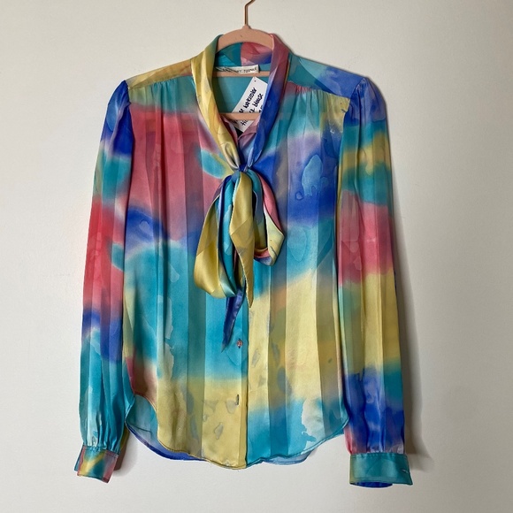 Vintage | Tops | Vintage Stuart Lang Satin Watercolor Rainbow Neck Bow ...